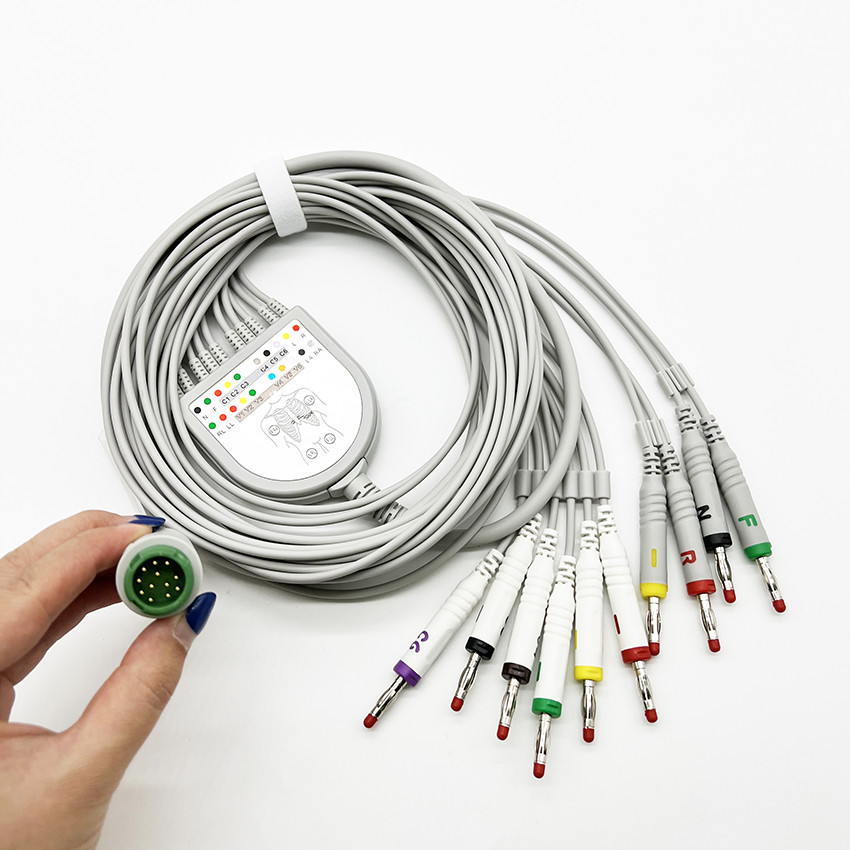 10 Lead Wires Biocare EKG Cable 3.6m Grey TPU Jacket With Banana 4.0 ...